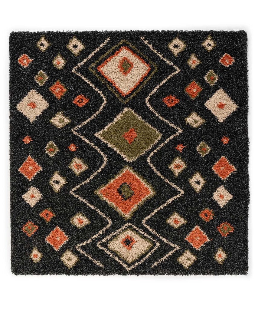 Boho Teppich Quadratisch Hochflor Artisan - Anthrazit/Bunt | Tapeso