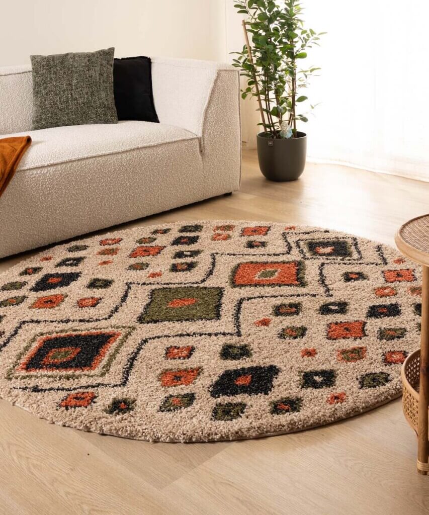 Boho Teppich Rund Hochflor Artisan - Beige/Bunt | Tapeso